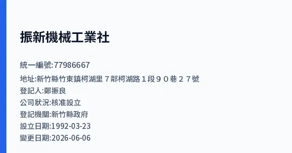 振新機械工業社的照片-統編 77986667(新竹縣) 公司登記資料與營業項目詳細圖表