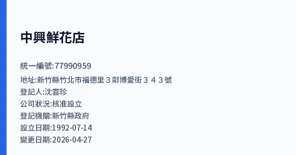 中興鮮花店的照片-統編 77990959(新竹縣) 公司登記資料與營業項目詳細圖表