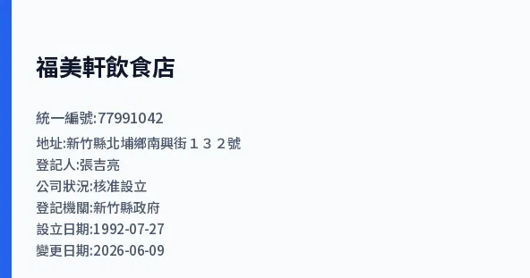 福美軒飲食店的照片-統編 77991042(新竹縣) 公司登記資料與營業項目詳細圖表