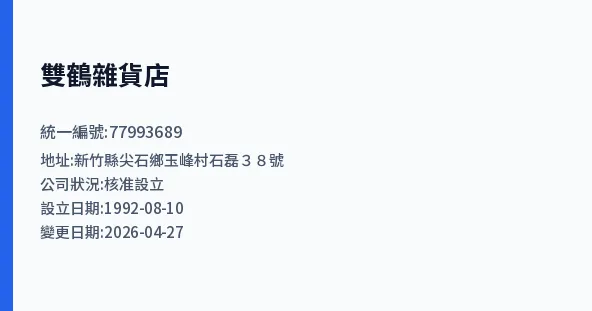 雙鶴雜貨店的照片-統編 77993689(新竹縣) 公司登記資料與營業項目詳細圖表