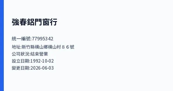 強春鋁門窗行的照片-統編 77995342(新竹縣) 公司登記資料與營業項目詳細圖表