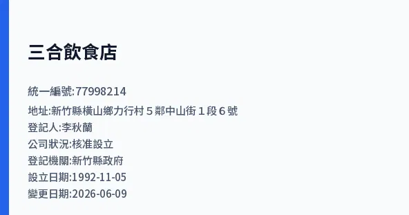 三合飲食店的照片-統編 77998214(新竹縣) 公司登記資料與營業項目詳細圖表