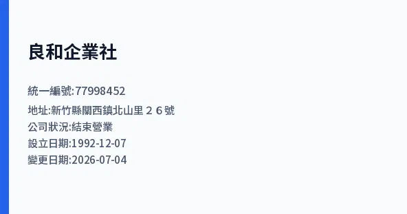 良和企業社的照片-統編 77998452(新竹縣) 公司登記資料與營業項目詳細圖表