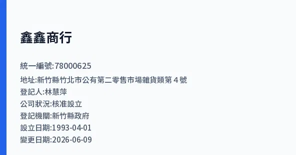 鑫鑫商行的照片-統編 78000625(新竹縣) 公司登記資料與營業項目詳細圖表
