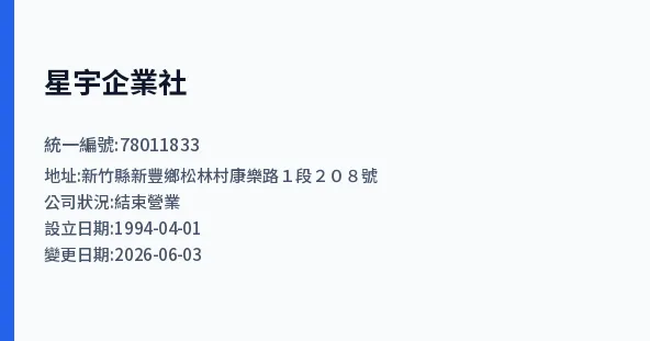 星宇企業社的照片-統編 78011833(新竹縣) 公司登記資料與營業項目詳細圖表
