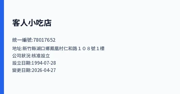 客人小吃店的照片-統編 78017652(新竹縣) 公司登記資料與營業項目詳細圖表