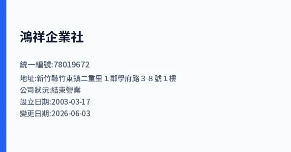 鴻祥企業社的照片-統編 78019672(新竹縣) 公司登記資料與營業項目詳細圖表