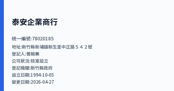 泰安企業商行的照片-統編 78020185(新竹縣) 公司登記資料與營業項目詳細圖表
