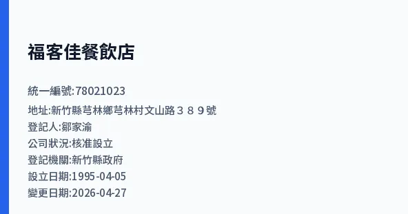 福客佳餐飲店的照片-統編 78021023(新竹縣) 公司登記資料與營業項目詳細圖表