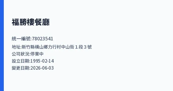 福勝樓餐廳的照片-統編 78023541(新竹縣) 公司登記資料與營業項目詳細圖表