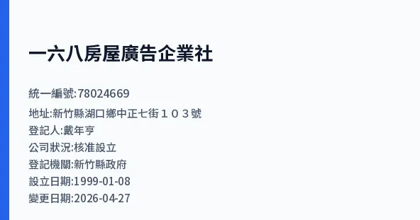 一六八房屋廣告企業社的照片-統編 78024669(新竹縣) 公司登記資料與營業項目詳細圖表