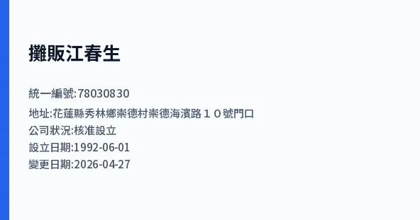 攤販江春生的照片-統編 78030830(花蓮縣) 公司登記資料與營業項目詳細圖表