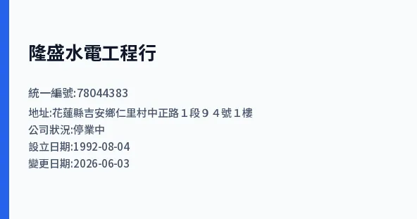 隆盛水電工程行的照片-統編 78044383(花蓮縣) 公司登記資料與營業項目詳細圖表