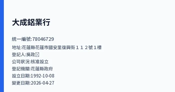 大成鋁業行的照片-統編 78046729(花蓮縣) 公司登記資料與營業項目詳細圖表