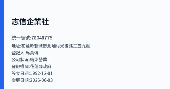 志信企業社的照片-統編 78048775(花蓮縣) 公司登記資料與營業項目詳細圖表