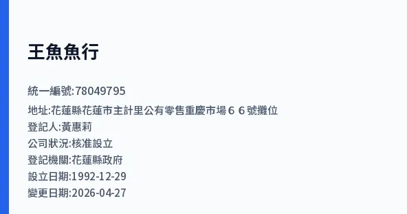 王魚魚行的照片-統編 78049795(花蓮縣) 公司登記資料與營業項目詳細圖表