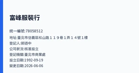 富峰服裝行的照片-統編 78058512(臺北市) 公司登記資料與營業項目詳細圖表