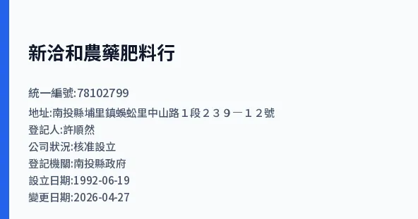 新洽和農藥肥料行的照片-統編 78102799(南投縣) 公司登記資料與營業項目詳細圖表