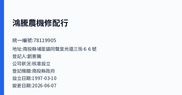 鴻騰農機修配行的照片-統編 78119905(南投縣) 公司登記資料與營業項目詳細圖表