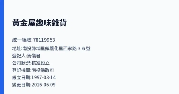黃金屋趣味雜貨的照片-統編 78119953(南投縣) 公司登記資料與營業項目詳細圖表