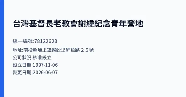 台灣基督長老教會謝緯紀念青年營地的照片-統編 78122628(南投縣) 公司登記資料與營業項目詳細圖表