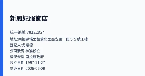 新鳳妃服飾店的照片-統編 78122824(南投縣) 公司登記資料與營業項目詳細圖表