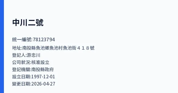 中川二號的照片-統編 78123794(南投縣) 公司登記資料與營業項目詳細圖表