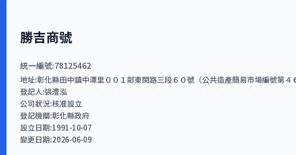 勝吉商號的照片-統編 78125462(彰化縣) 公司登記資料與營業項目詳細圖表