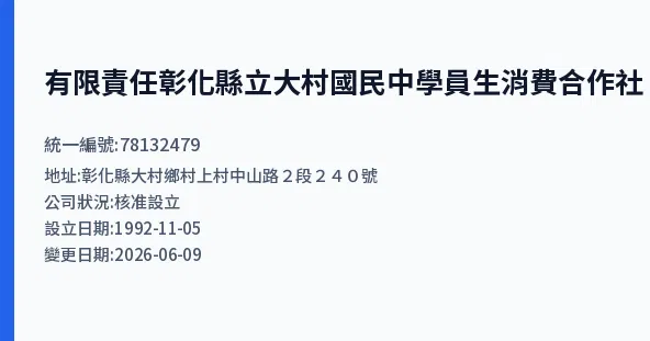 有限責任彰化縣立大村國民中學員生消費合作社的照片-統編 78132479(彰化縣) 公司登記資料與營業項目詳細圖表