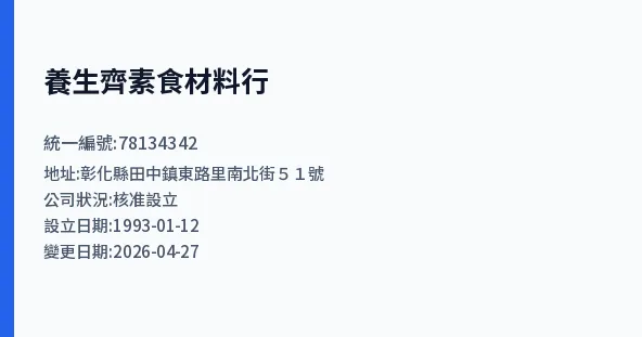 養生齊素食材料行的照片-統編 78134342(彰化縣) 公司登記資料與營業項目詳細圖表