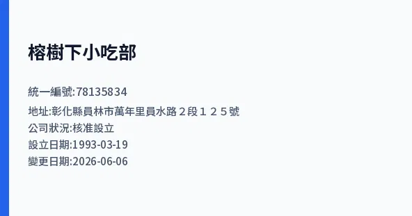 榕樹下小吃部的照片-統編 78135834(彰化縣) 公司登記資料與營業項目詳細圖表