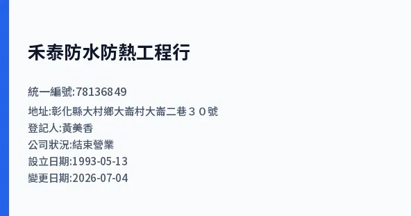 禾泰防水防熱工程行的照片-統編 78136849(彰化縣) 公司登記資料與營業項目詳細圖表