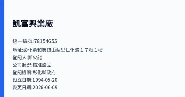 凱富興業廠的照片-統編 78154655(彰化縣) 公司登記資料與營業項目詳細圖表