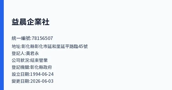 益晨企業社的照片-統編 78156507(彰化縣) 公司登記資料與營業項目詳細圖表