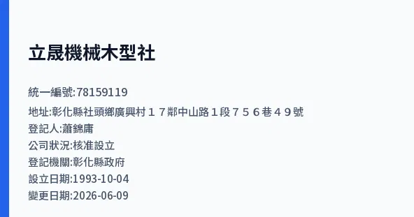 立晟機械木型社的照片-統編 78159119(彰化縣) 公司登記資料與營業項目詳細圖表