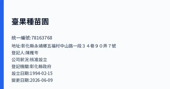 臺果種苗園的照片-統編 78163768(彰化縣) 公司登記資料與營業項目詳細圖表