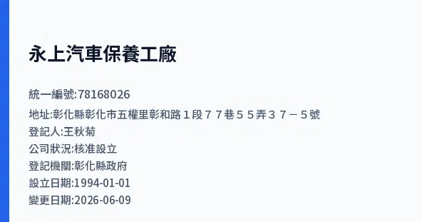 永上汽車保養工廠的照片-統編 78168026(彰化縣) 公司登記資料與營業項目詳細圖表