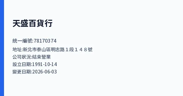 天盛百貨行的照片-統編 78170374(新北市) 公司登記資料與營業項目詳細圖表