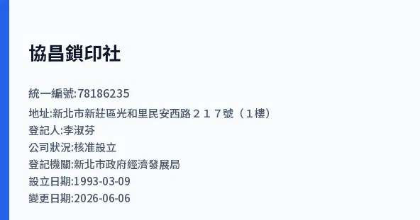 協昌鎖印社的照片-統編 78186235(新北市) 公司登記資料與營業項目詳細圖表