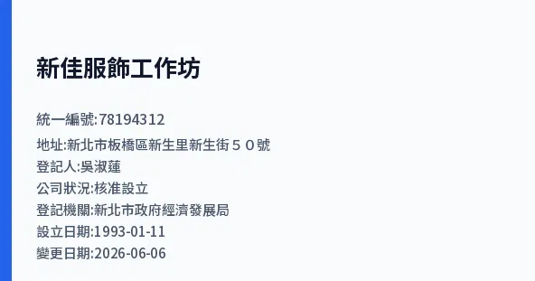 新佳服飾工作坊的照片-統編 78194312(新北市) 公司登記資料與營業項目詳細圖表