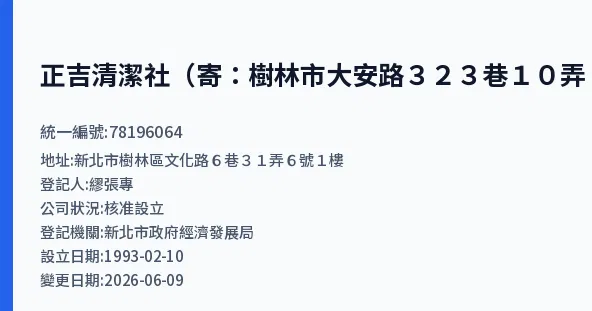 正吉清潔社(寄:樹林市大安路323巷10弄11號)的照片-統編 78196064(新北市) 公司登記資料與營業項目詳細圖表