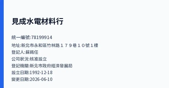 見成水電材料行的照片-統編 78199914(新北市) 公司登記資料與營業項目詳細圖表