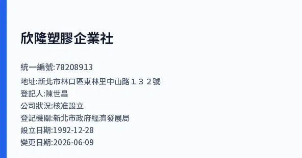 欣隆塑膠企業社的照片-統編 78208913(新北市) 公司登記資料與營業項目詳細圖表
