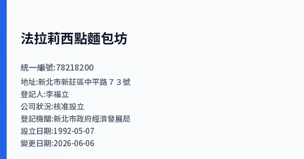 法拉莉西點麵包坊的照片-統編 78218200(新北市) 公司登記資料與營業項目詳細圖表