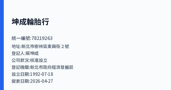 坤成輪胎行的照片-統編 78219263(新北市) 公司登記資料與營業項目詳細圖表
