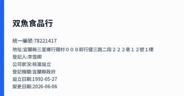 双魚食品行的照片-統編 78221417(宜蘭縣) 公司登記資料與營業項目詳細圖表