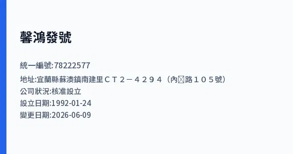 馨鴻發號的照片-統編 78222577(宜蘭縣) 公司登記資料與營業項目詳細圖表