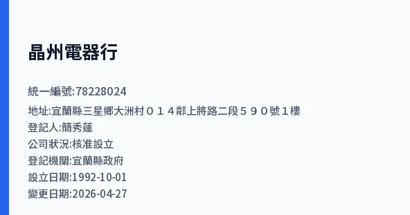晶州電器行的照片-統編 78228024(宜蘭縣) 公司登記資料與營業項目詳細圖表