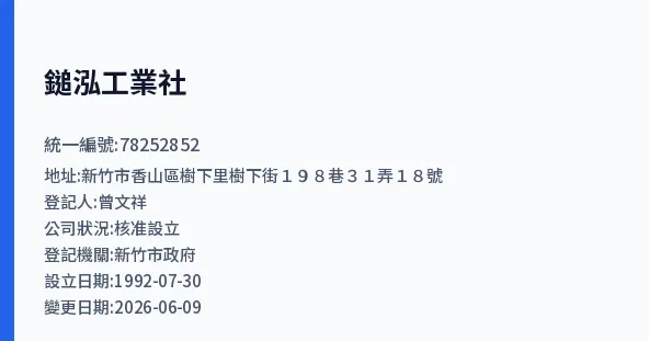 鎚泓工業社的照片-統編 78252852(新竹市) 公司登記資料與營業項目詳細圖表