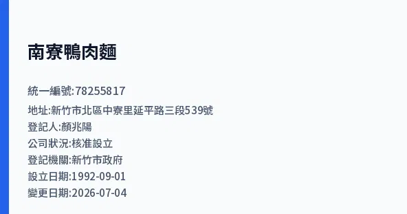 南寮鴨肉麵的照片-統編 78255817(新竹市) 公司登記資料與營業項目詳細圖表